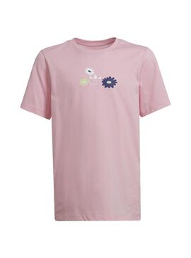 T-Shirt Adidas Logo Flores Rosa para Menina